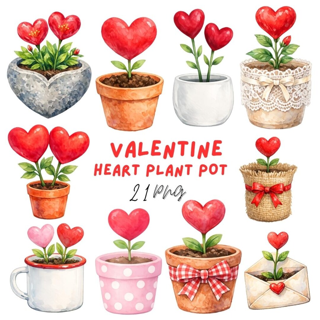 Watercolor Heart Plant Pot Clipart, Valentine Red Heart Flower Graphics ...