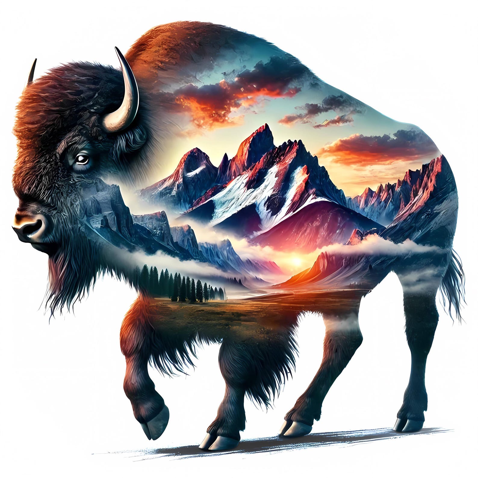 Bison Double Exposure Art | Nature Landscape Clipart (digital Download ...