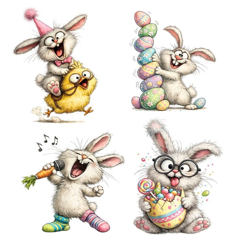 Whimsical Bunny Easter Clipart, Funny Festive Graphics, Digital ...
