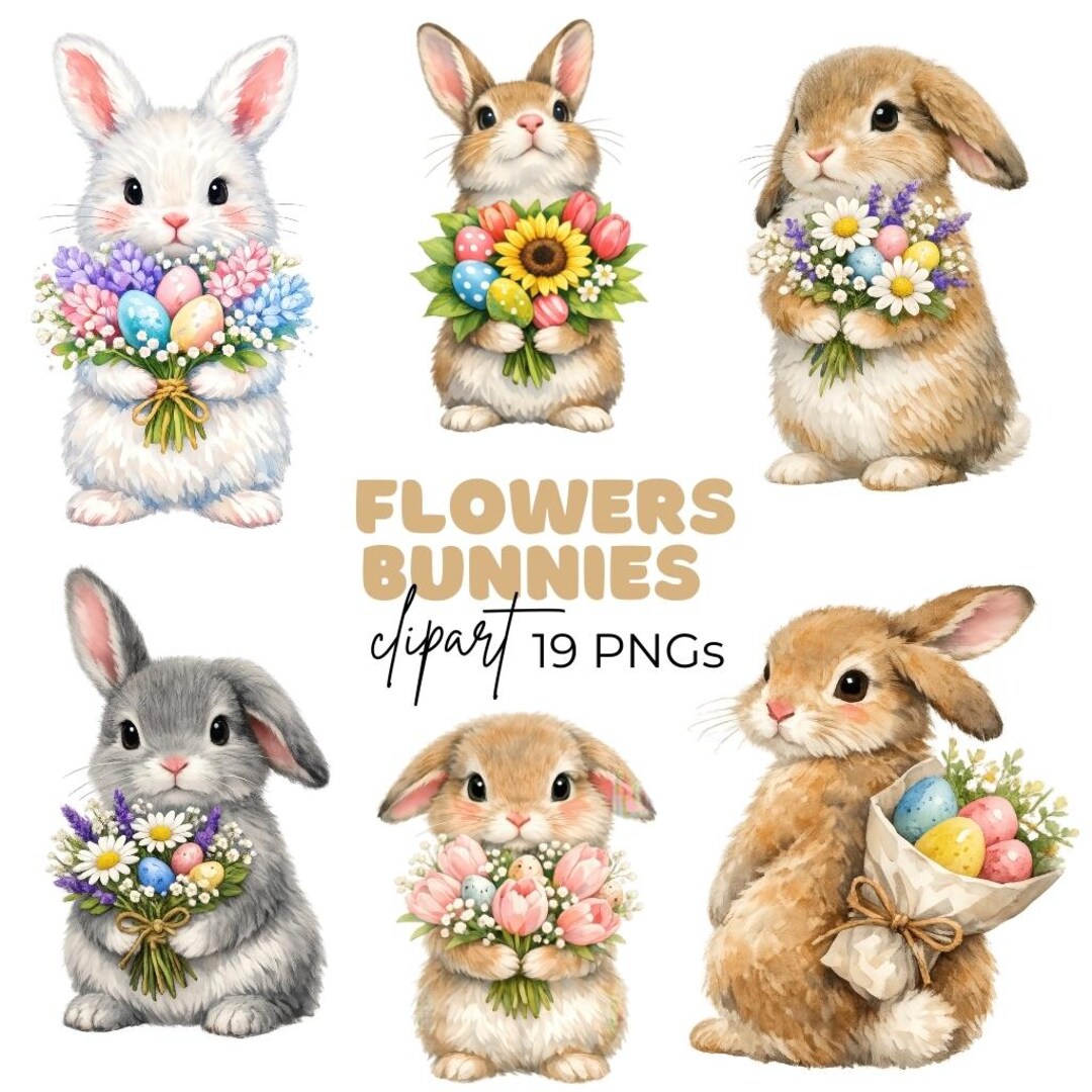 Floral Bunny Clipart, Spring Rabbit Flowers Graphics (digital Download ...