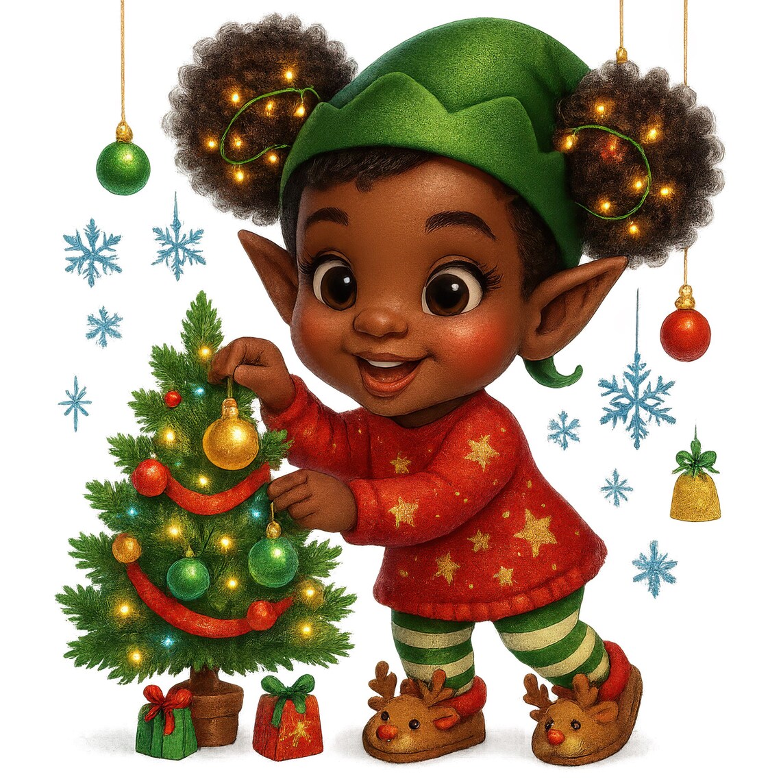 Black Elf Girl Christmas Clipart: African American Holiday PNG (set of ...