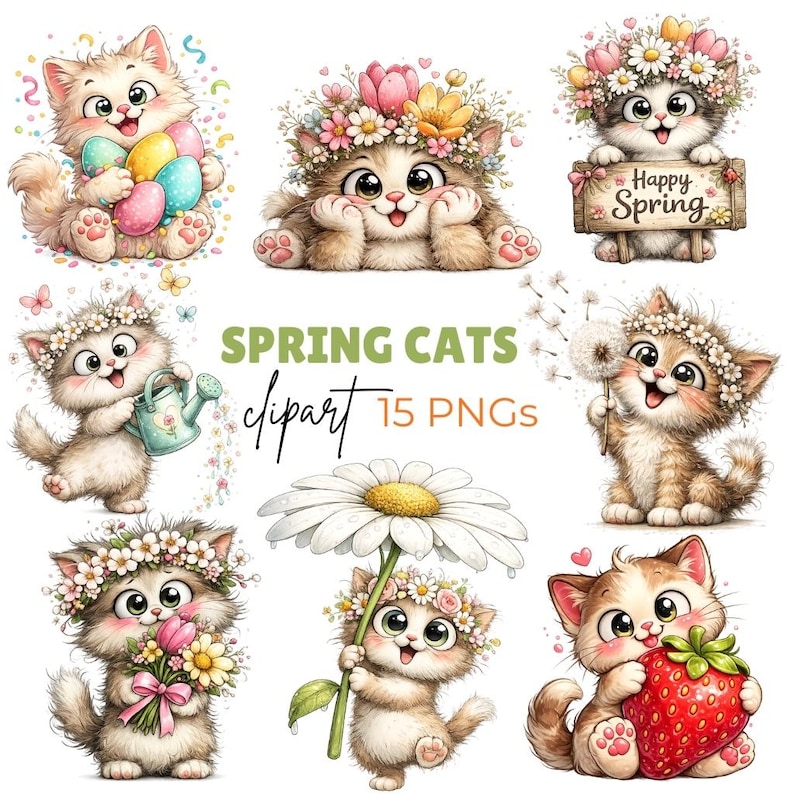Adorable Spring Cats Clipart: Whimsical Graphics, Floral Cat, Digital ...