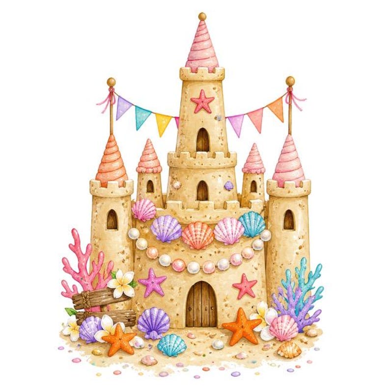 Summer Beach Sandcastle Clipart, Coastal Sand Castle Graphics, Nursery ...