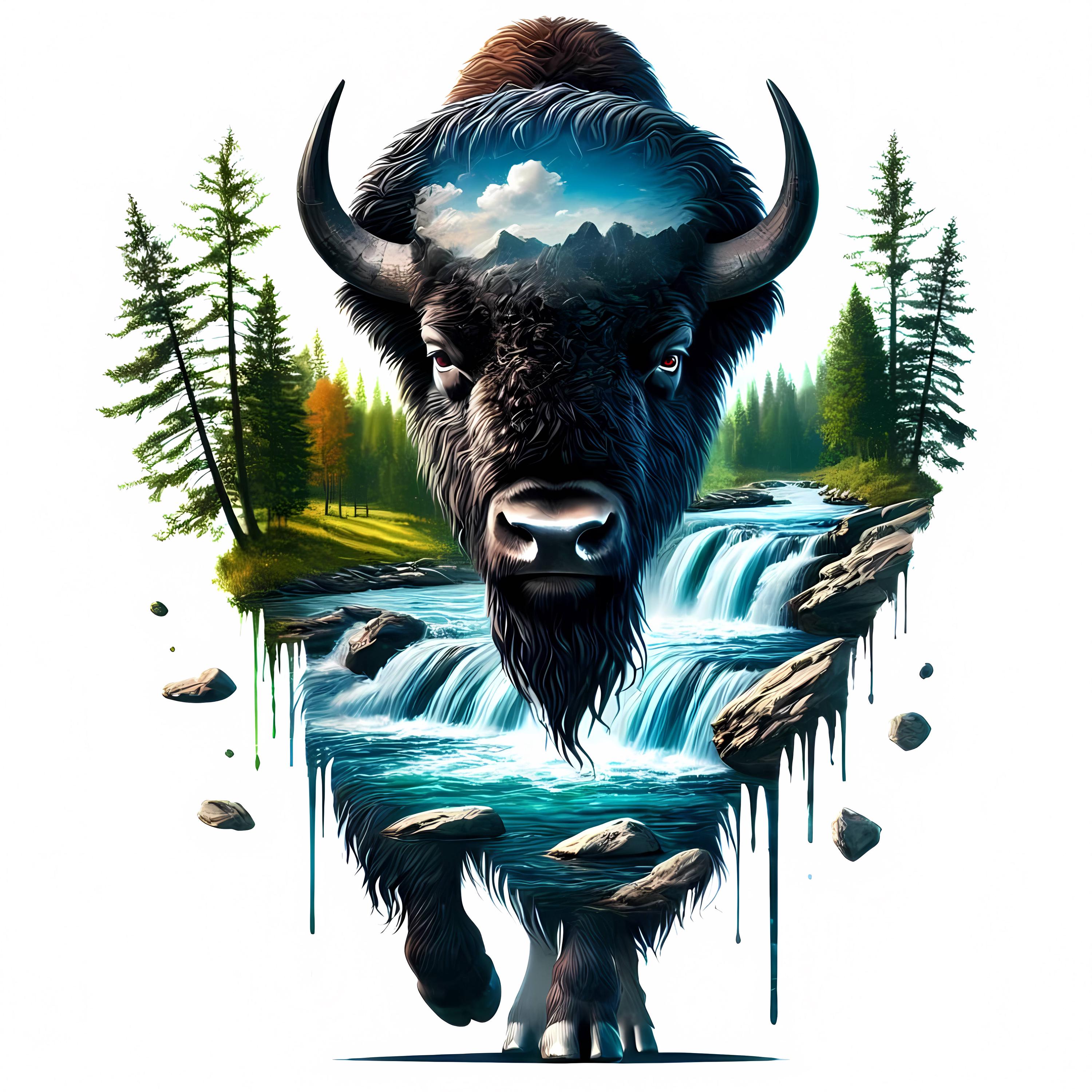 Bison Double Exposure Art | Nature Landscape Clipart (digital Download ...