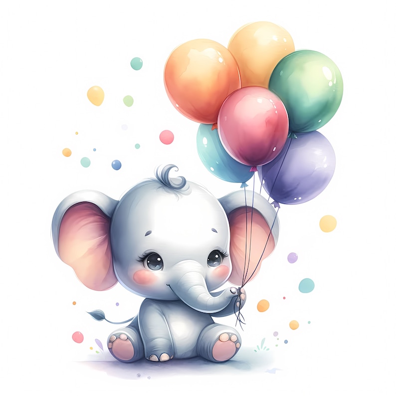 Baby Elephant With Balloons Clipart: Nursery Art (digital Download ...