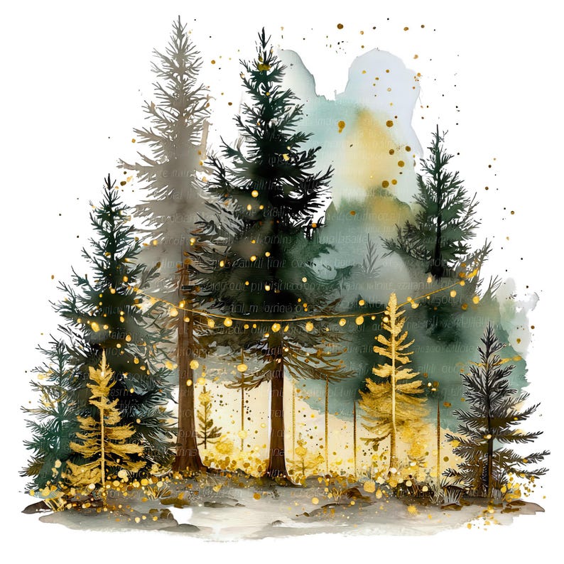 Glitter Christmas Trees Clipart, Watercolor Xmas Tree, Digital Download ...