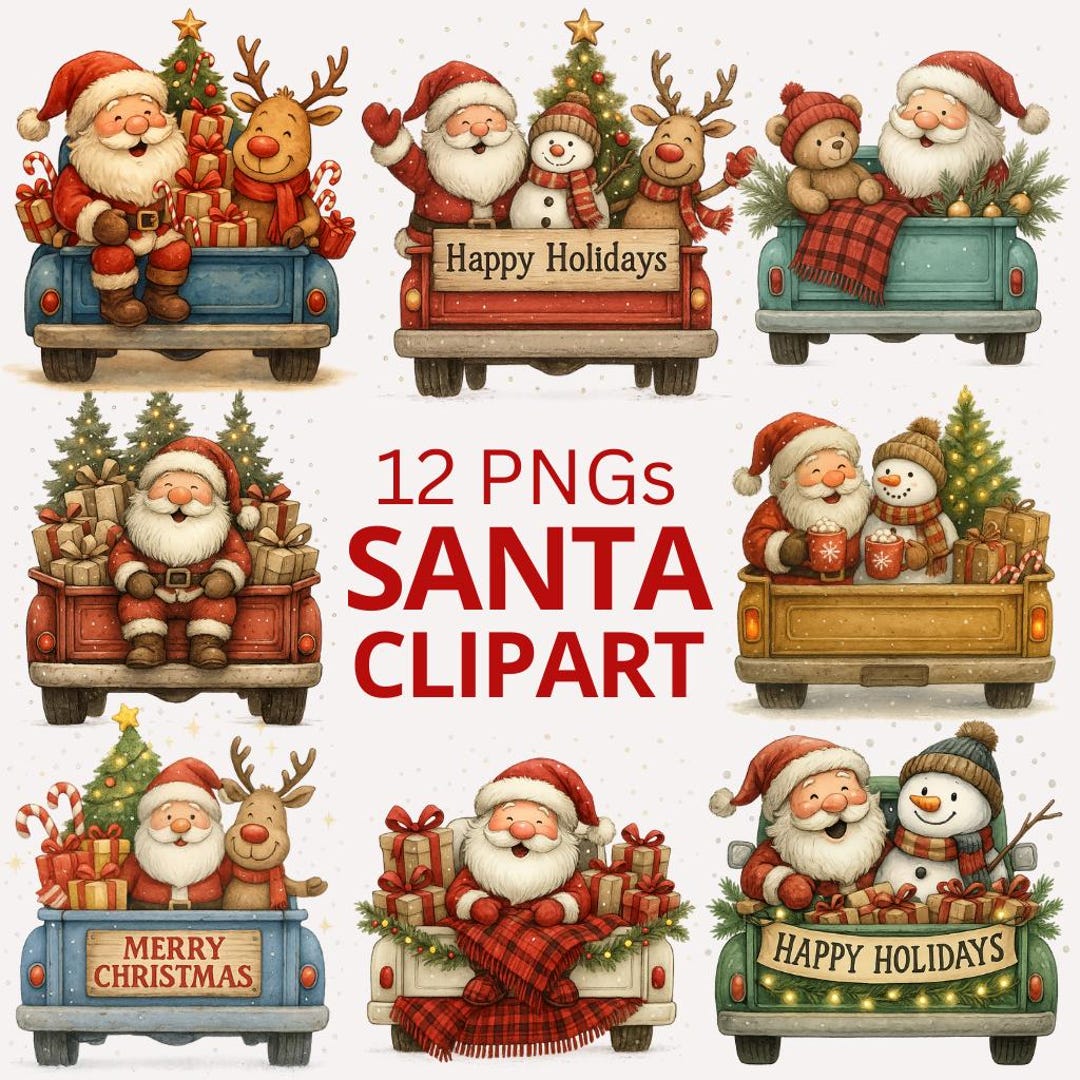 Santa Claus Christmas Truck Clipart: Whimsical Holiday Graphics ...