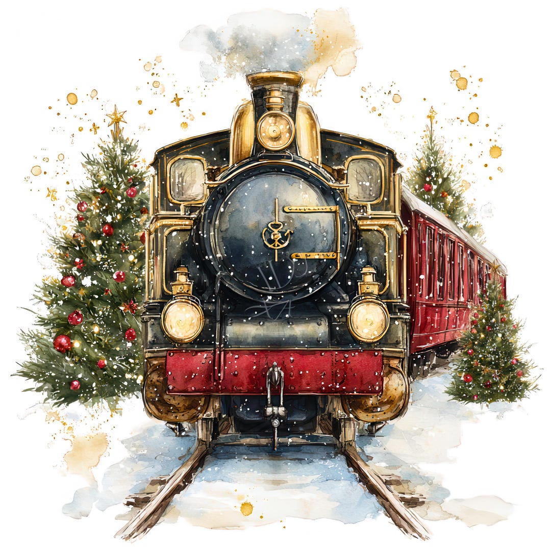 Watercolor Christmas Train Clipart: Vintage Festive Holiday Train ...