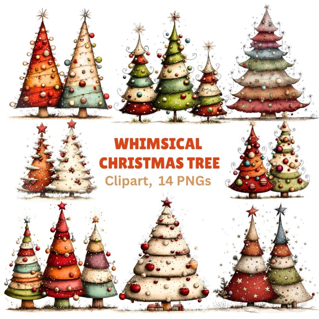 Whimsical Christmas Tree Clipart: Festive Holiday Graphics (digital ...
