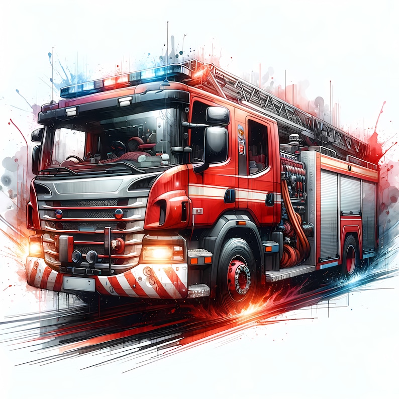 Watercolor Fire Engine Clipart - Rescue Vehicle Art (digital Download ...