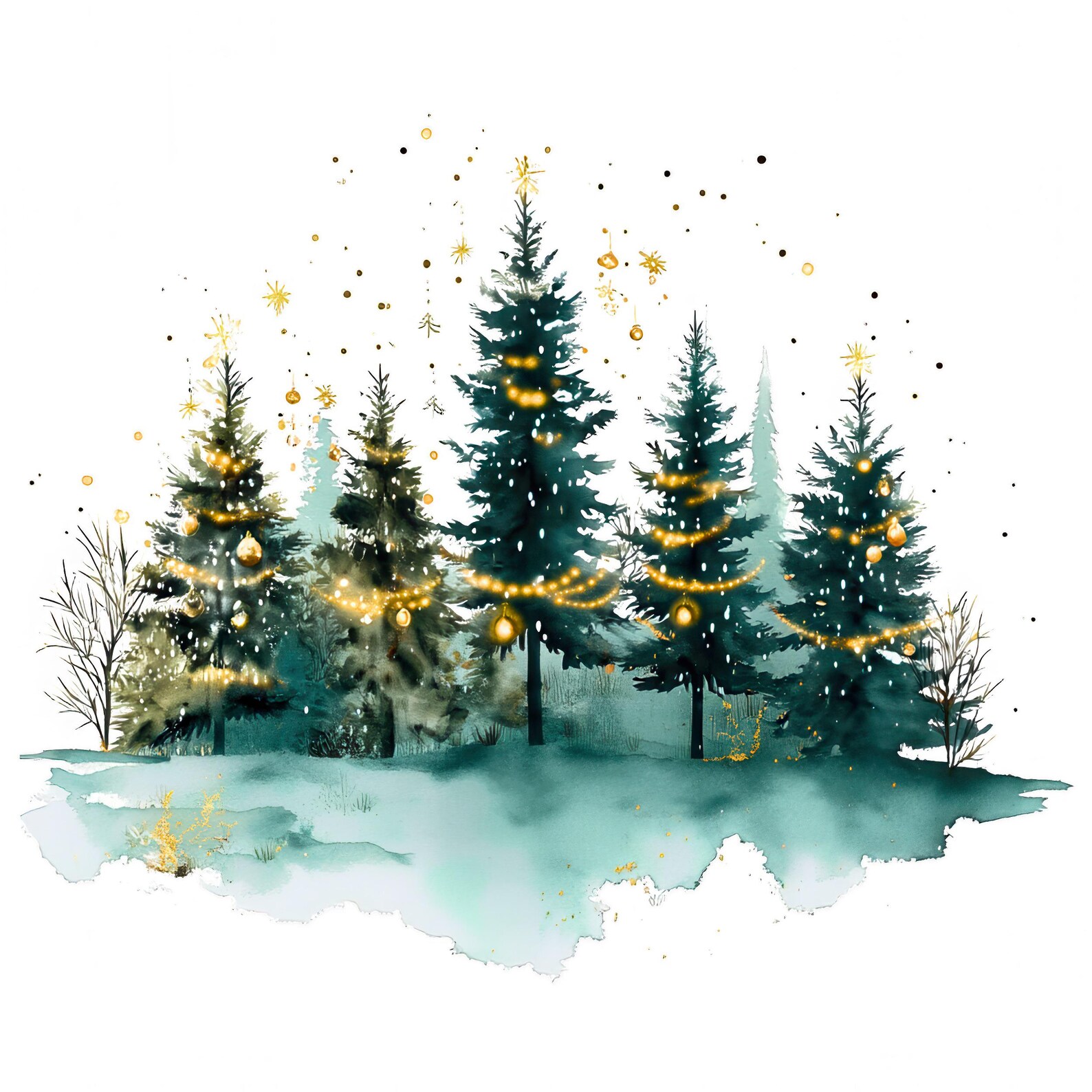 Glitter Christmas Trees Clipart, Watercolor Xmas Tree, Digital Download ...