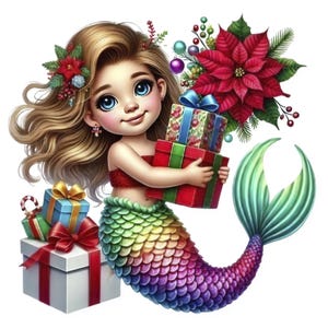 Mermaid Christmas Clipart | 12 High-quality Pngs | Festive Mermaid ...