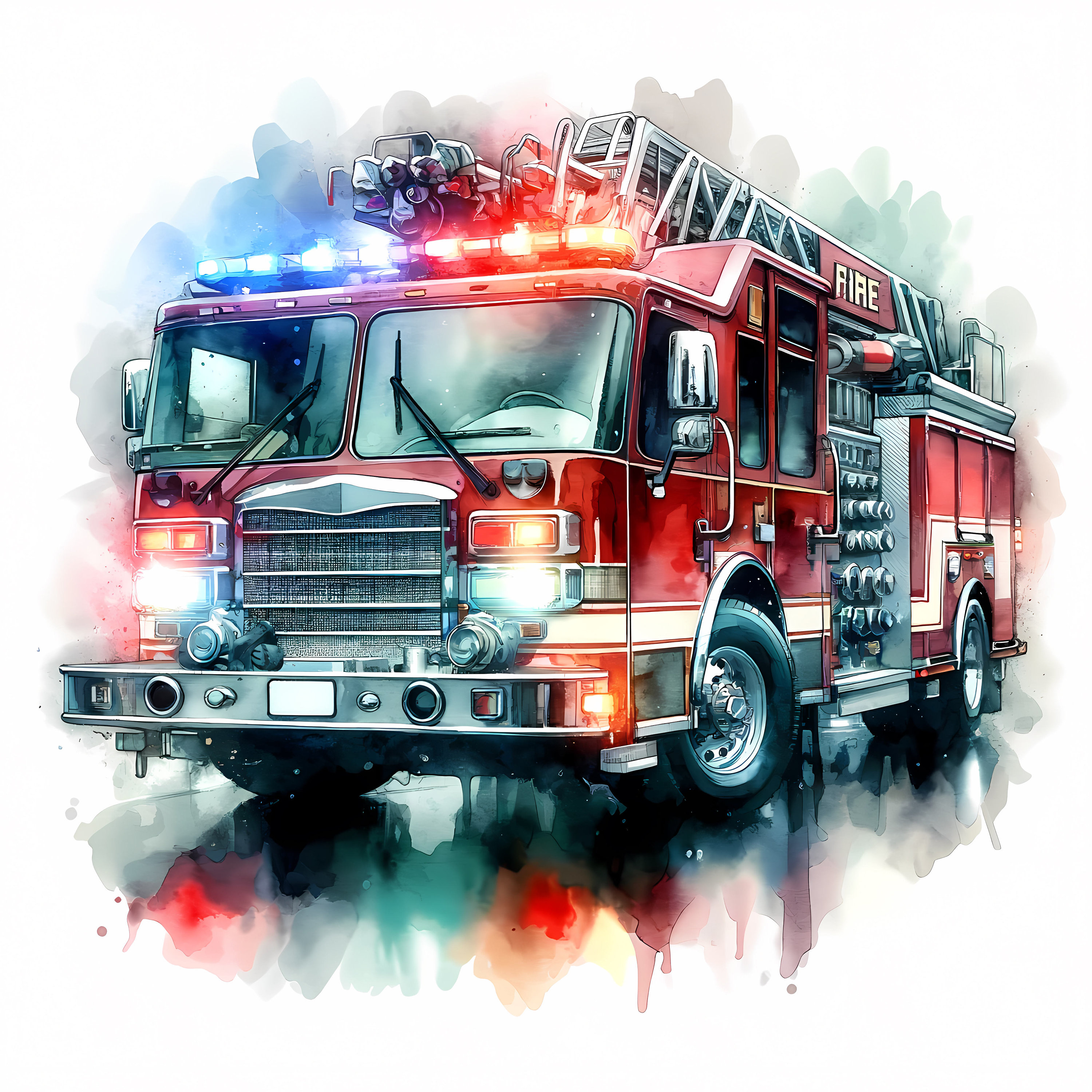 Watercolor Fire Engine Clipart - Rescue Vehicle Art (digital Download ...