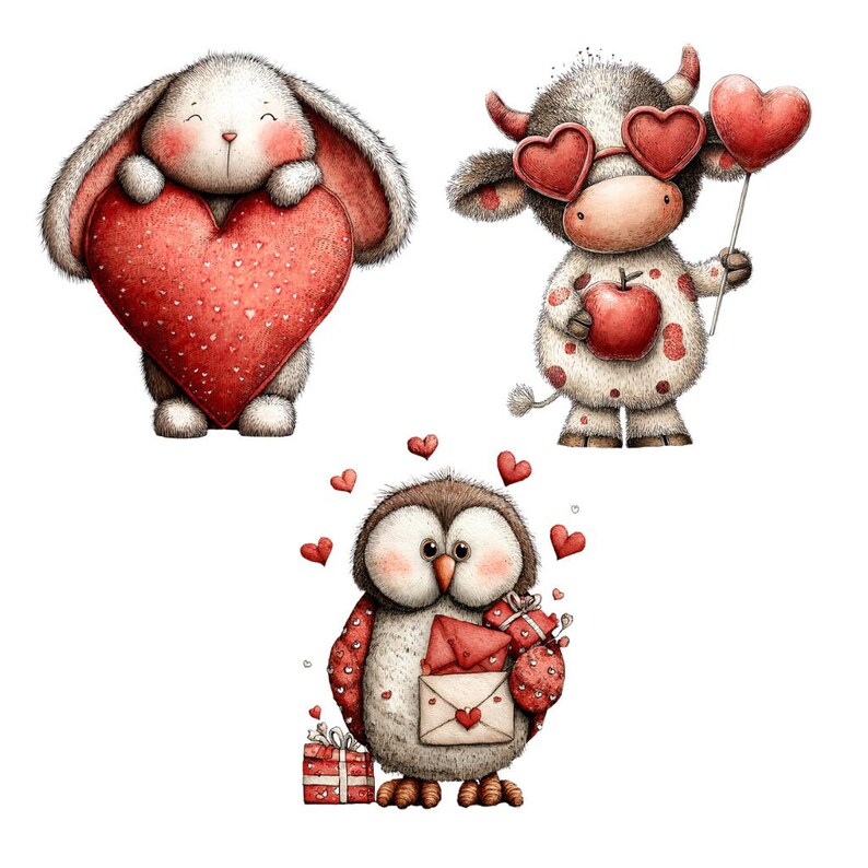 Farm Animals Valentine's Day Clipart: Whimsical Graphics (digital ...