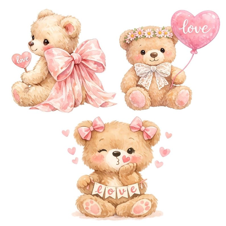 Valentine Teddy Bear Clipart, PNG Graphics (digital Download) Set of 16 ...