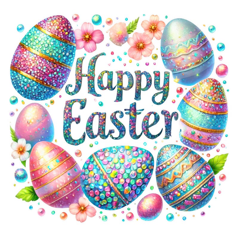 10 Floral Happy Easter Clipart: Glitter Easter Eggs (PNG, Digital ...