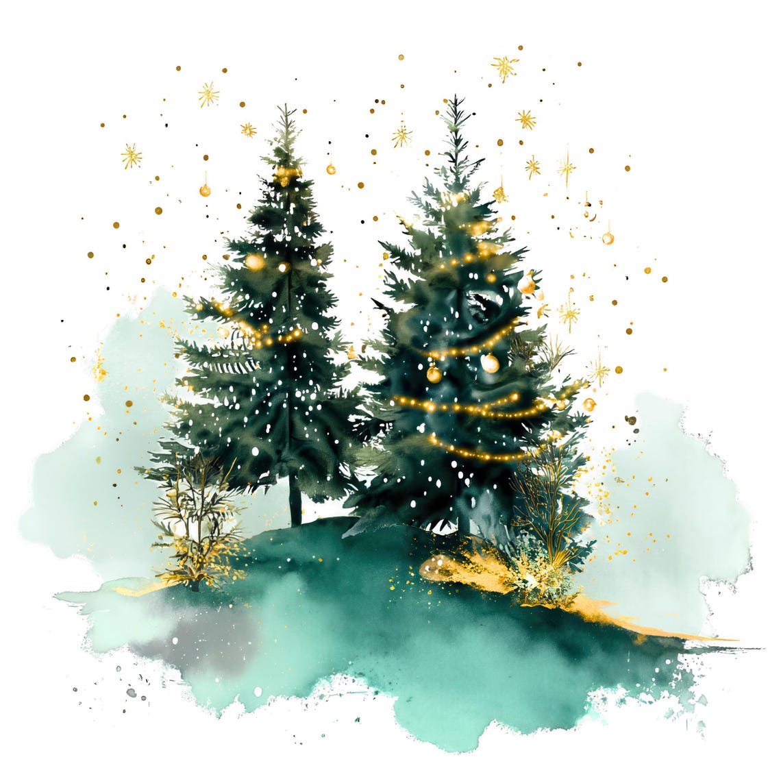Glitter Christmas Trees Clipart, Watercolor Xmas Tree, Digital Download ...
