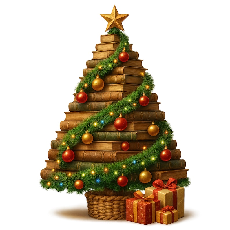 Book Christmas Tree Clipart: Festive Book Stack PNG (digital Download ...