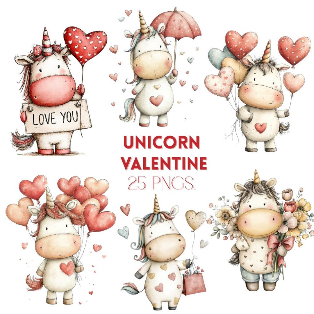 Unicorn Valentine's Day Clipart: Whimsical Love Graphics (digital ...