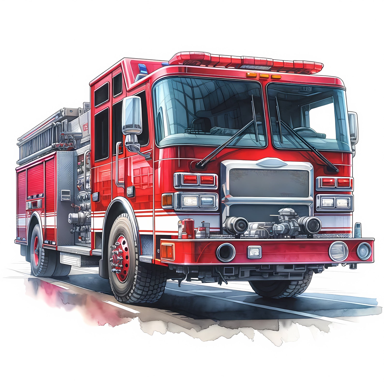 Watercolor Fire Engine Clipart - Rescue Vehicle Art (digital Download ...