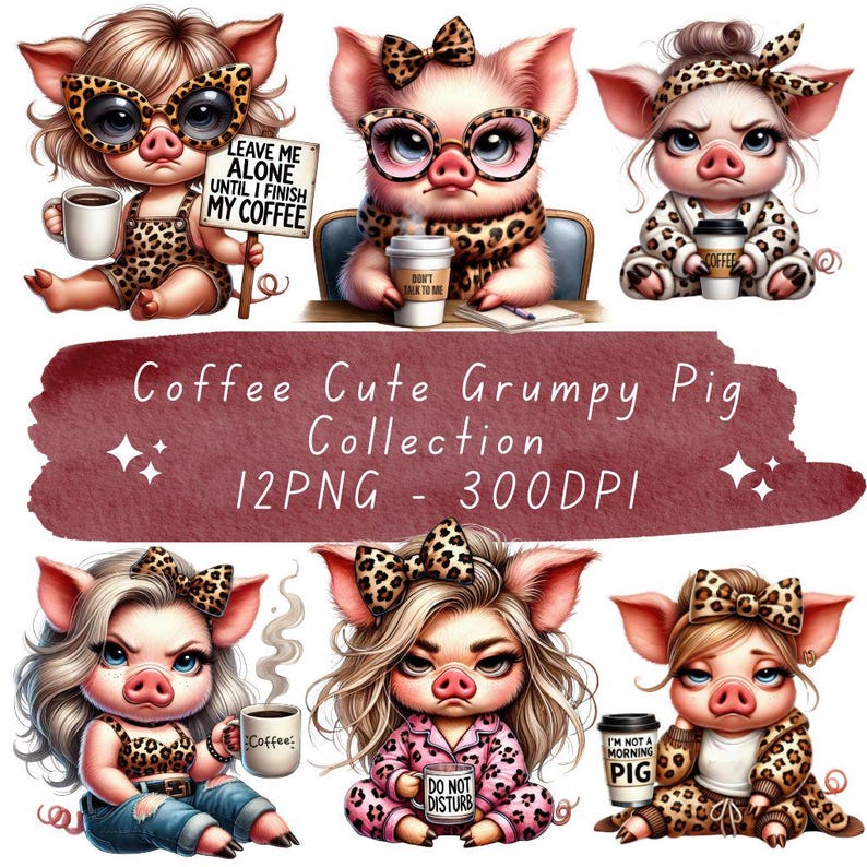 Watercolor Grumpy Pig Clipart: Funny Coffee PNG (digital Download ...