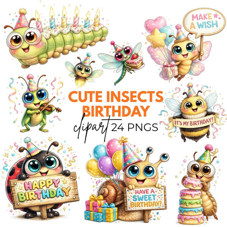 Insects Birthday Clipart, Bee Butterfly Ladybug Graphics (digital ...