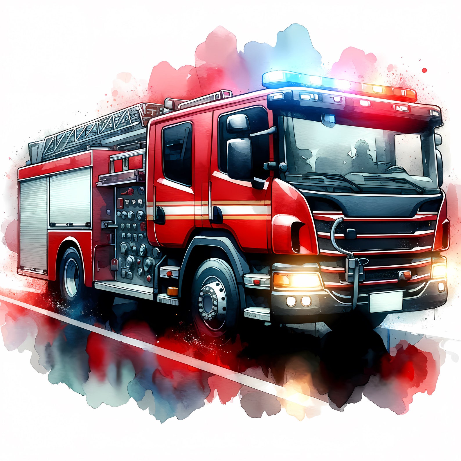 Watercolor Fire Engine Clipart - Rescue Vehicle Art (digital Download ...