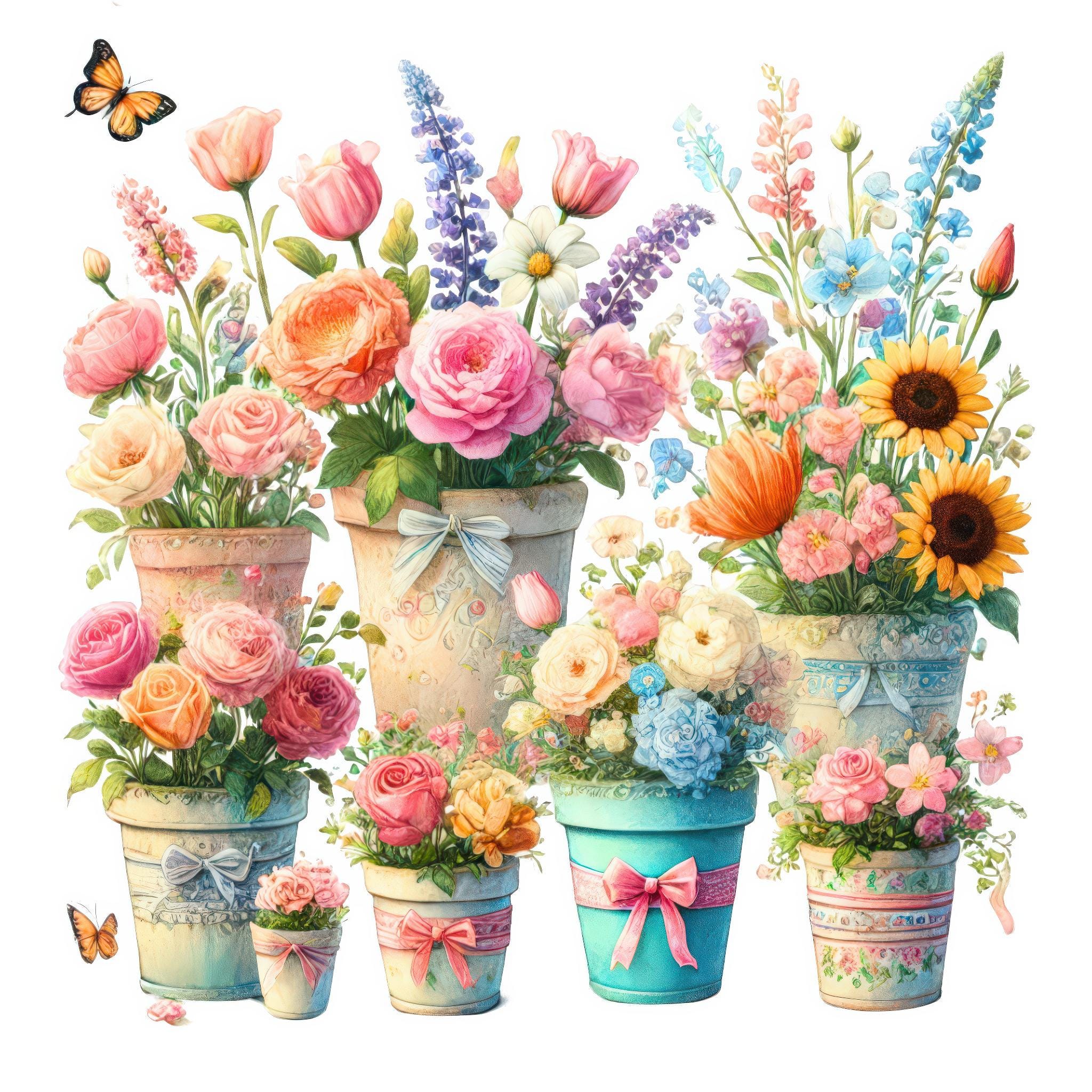 Watercolor Flower Pot Clipart: Floral Pot 12 PNG & JPG Bundle (digital ...