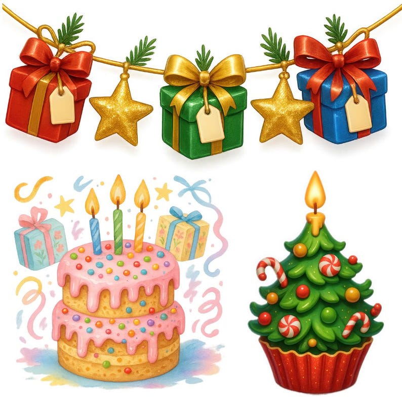 Christmas Birthday Clipart Bundle: Festive Party Graphics (25 PNG ...