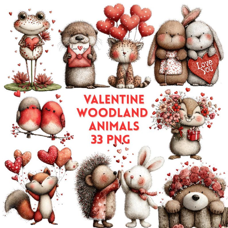 Woodland Animals Valentine's Day Clipart: Whimsical Graphics (digital ...