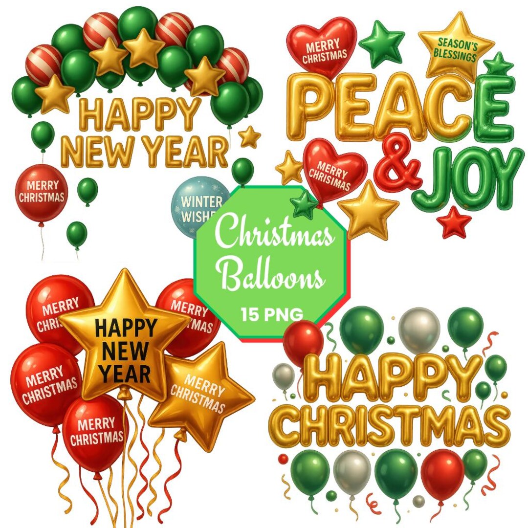 Christmas Balloons Clipart Bundle: Holiday Party Decorations (PNG ...