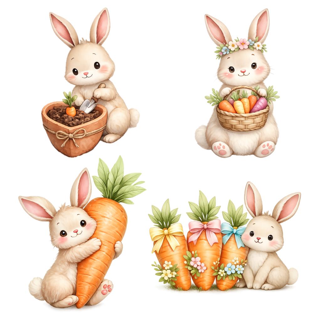 Easter Bunnies With Carrots Clipart: Festive Spring Graphics, Digital ...