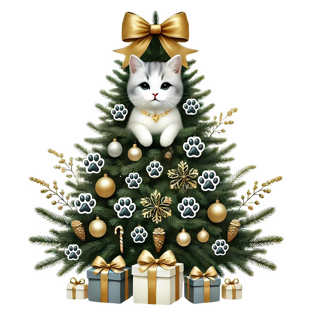 Christmas Cat Tree Clipart 12 High-quality Jpgs Cute Paw Christmas Tree ...