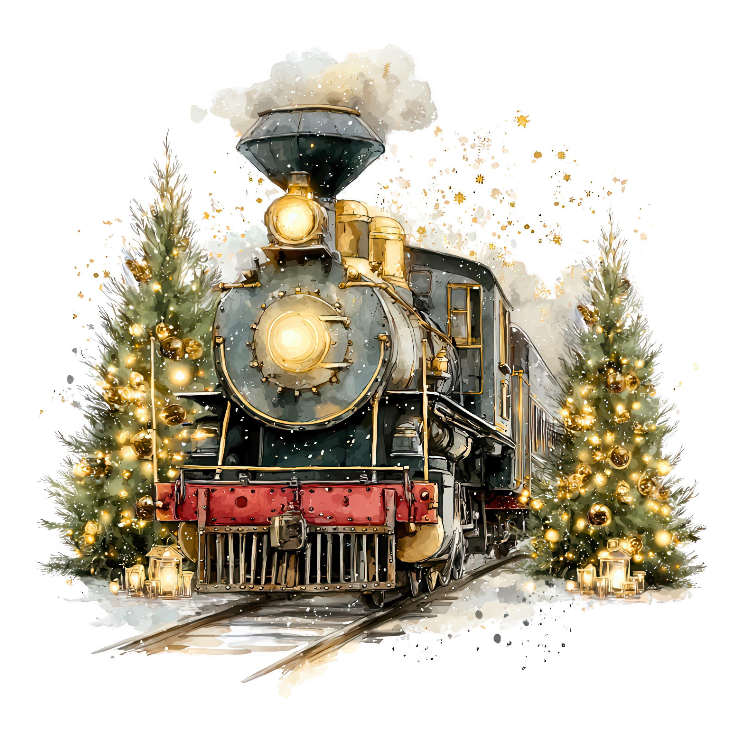 Watercolor Christmas Train Clipart: Vintage Festive Holiday Train ...