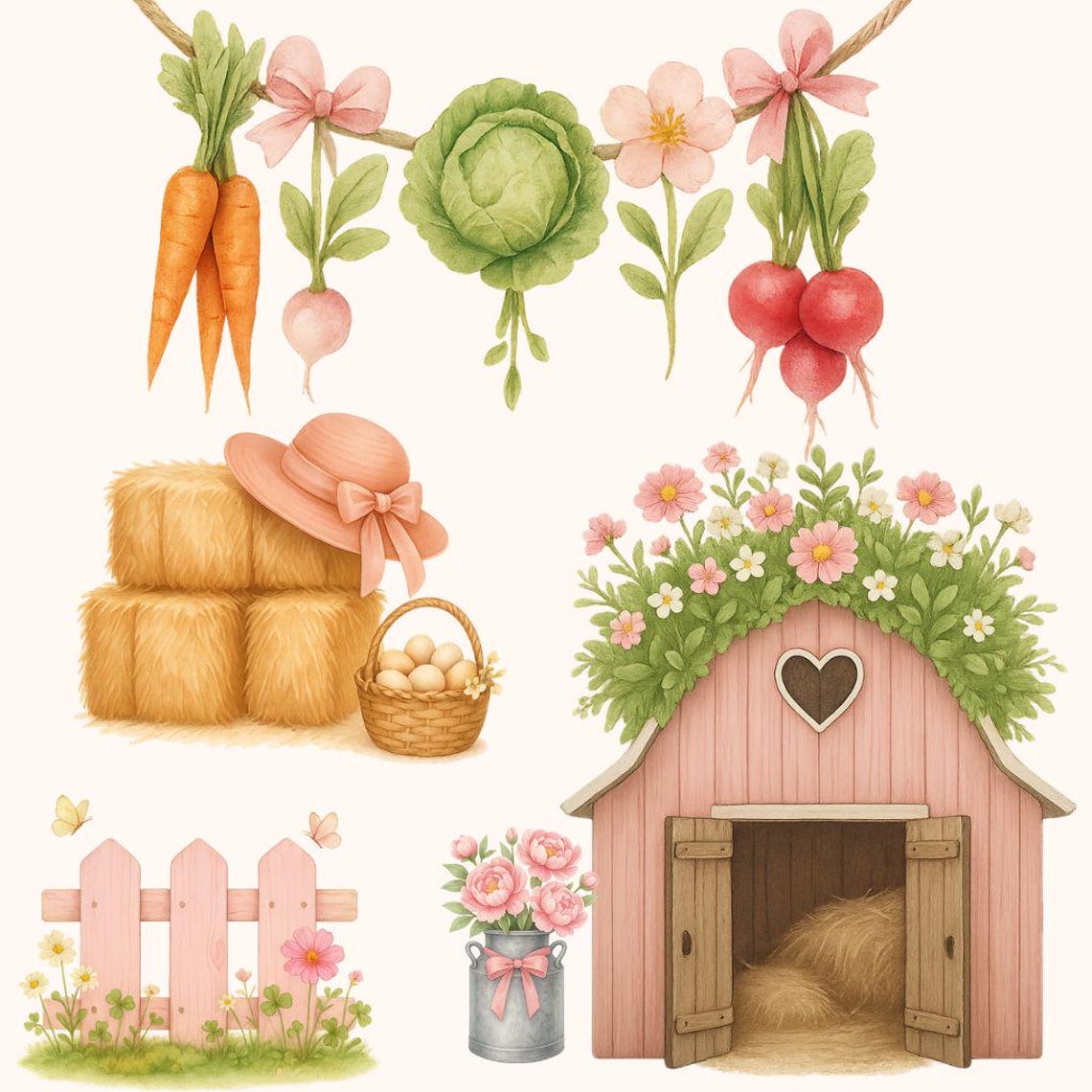 40 Cute Farm Animals Clipart Bundle, Kids Pink Farm Clipart PNG, Cow ...