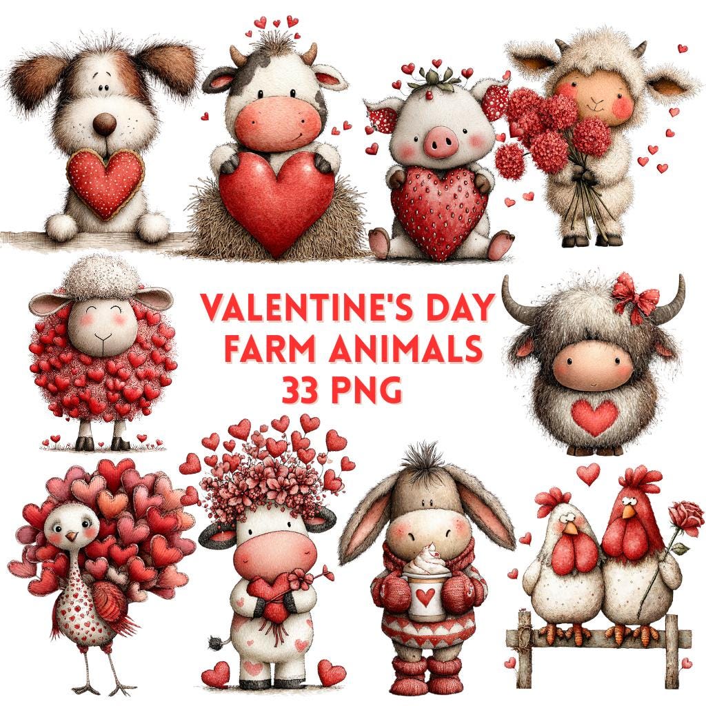 Farm Animals Valentine's Day Clipart: Whimsical Graphics (digital ...