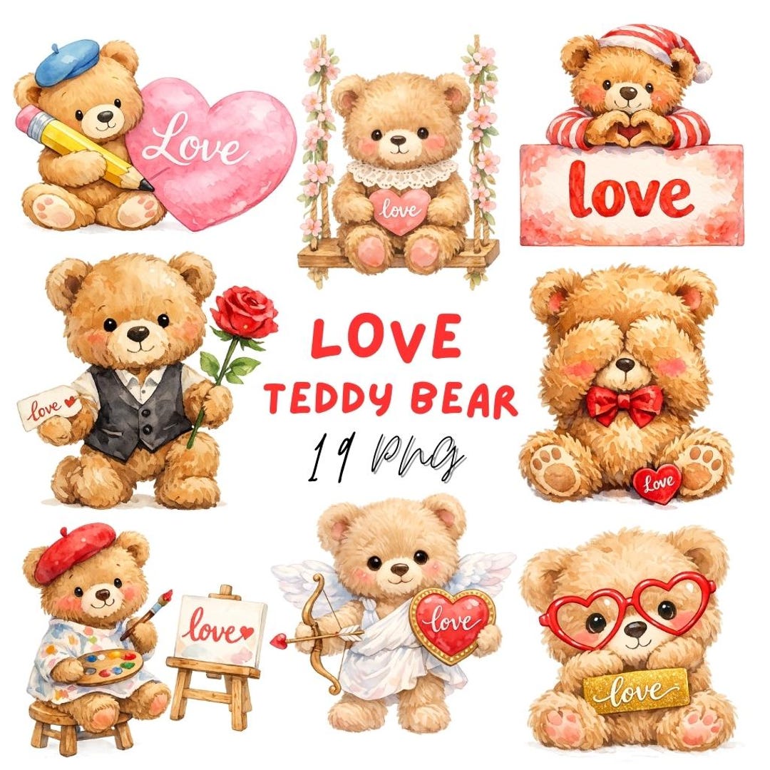Love Teddy Bear Clipart, Adorable Valentine Teddies Graphics (digital ...