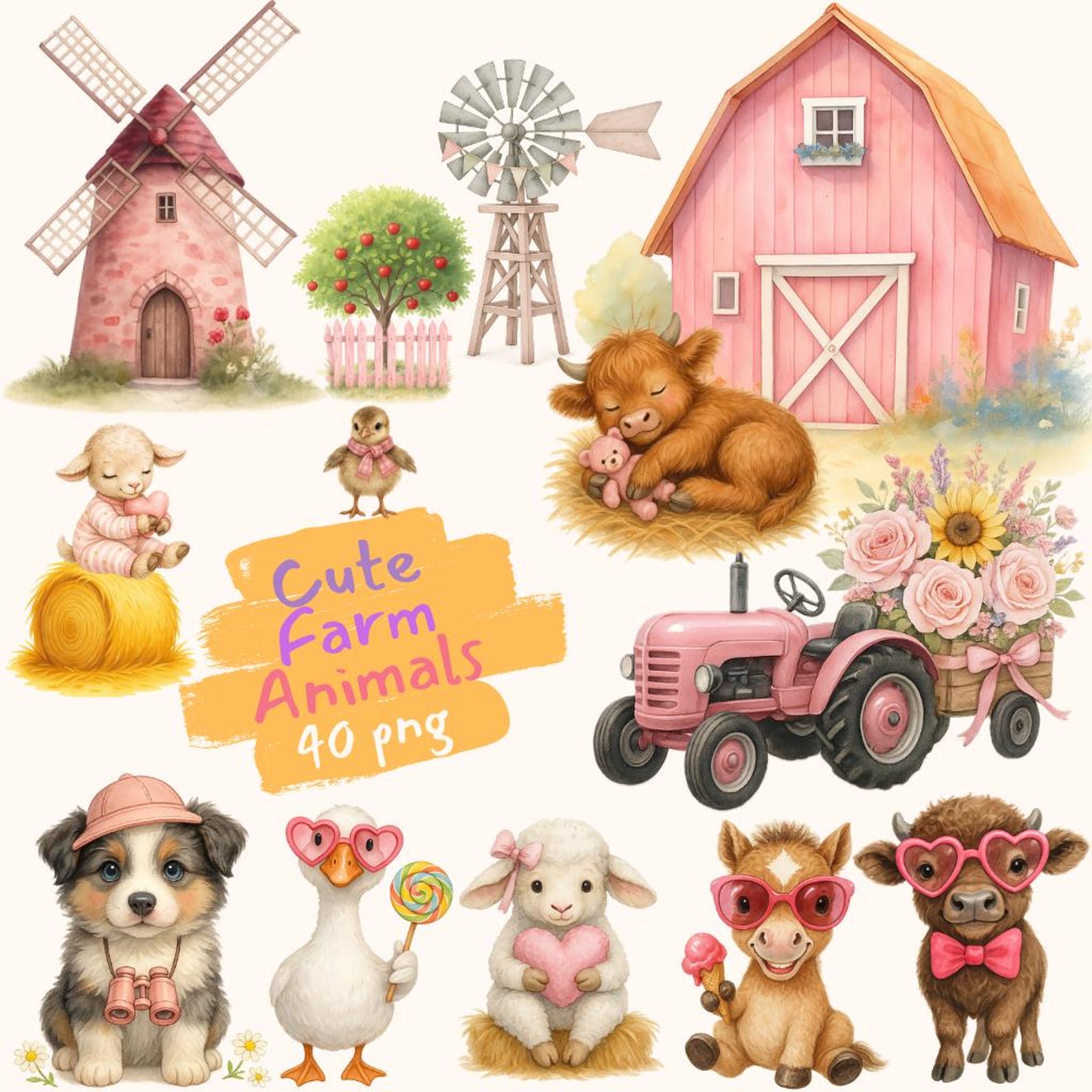 Cute Farm Animals Clipart Bundle, Kids Nursery Decor (PNG, Commercial ...