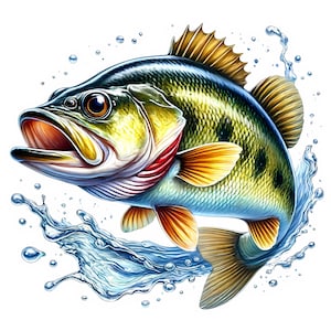 Jumping Smallmouth Bass Clipart: Fishing Art Printables (digital ...