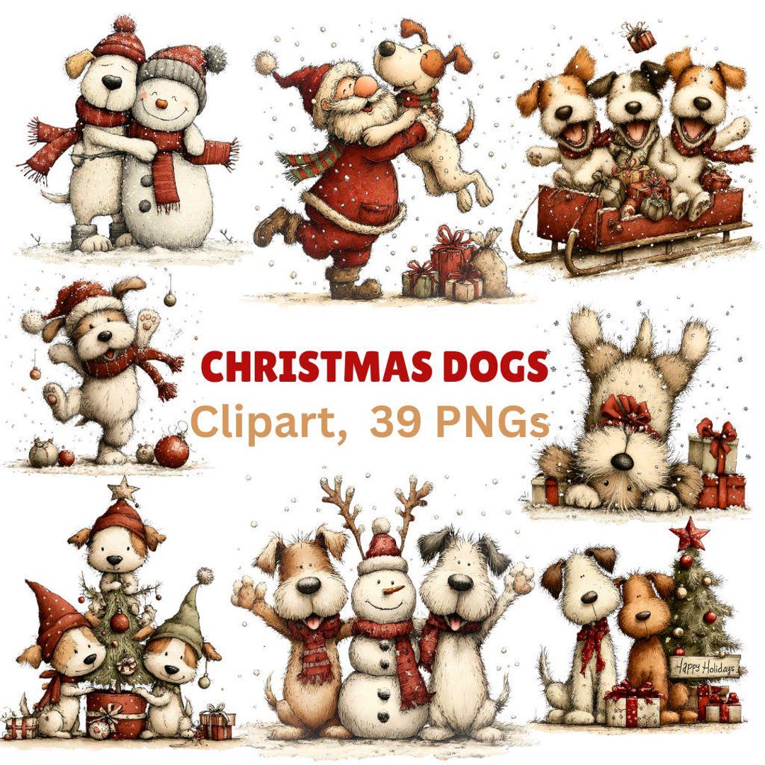 Whimsical Christmas Dogs Clipart: Festive Puppy Graphics (digital ...