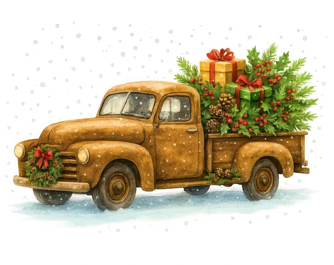 Watercolor Red Truck Christmas Clipart: Tree & Gifts (digital Download ...