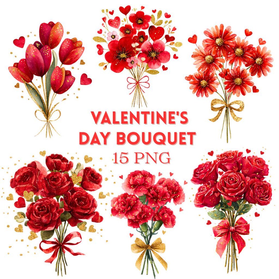 Valentine Day Bouquet Clipart | Romantic Flowers Graphics | Digital ...