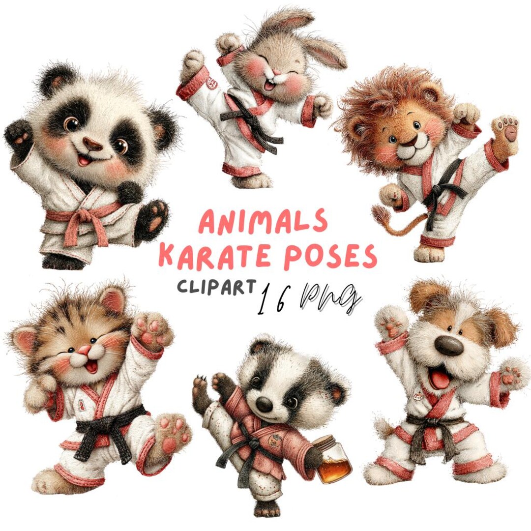 Animals Karate Poses Clipart: Whimsical Graphics, Digital Download, 16 ...