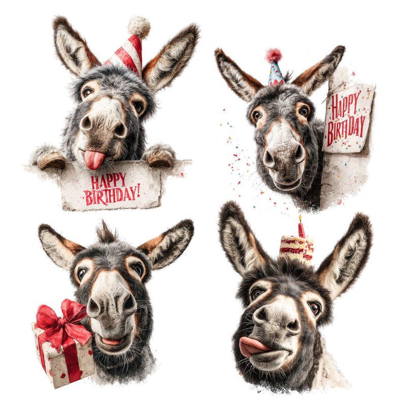 Funny Birthday Donkey Clipart | Party Donkey Graphics | Digital ...