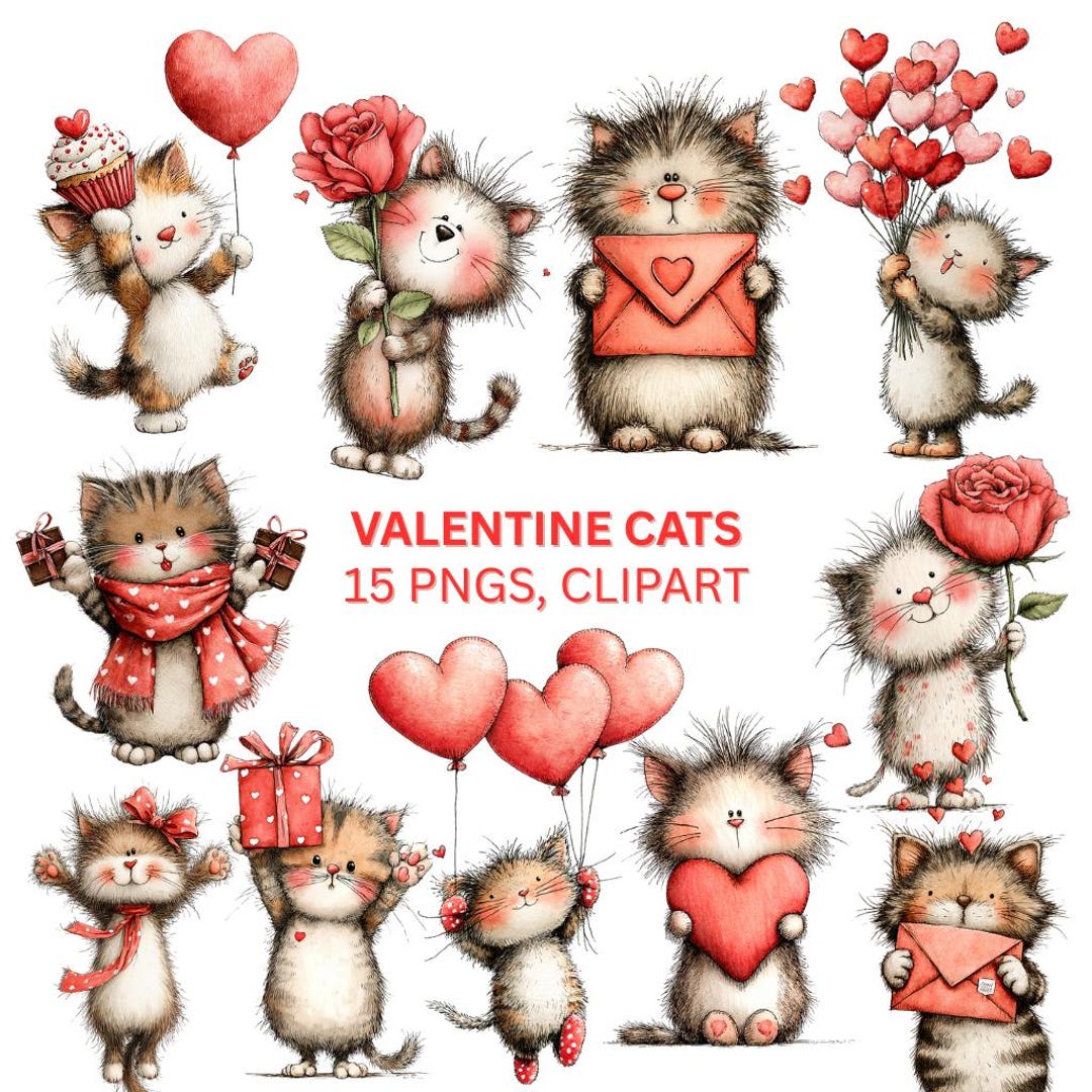 Cats Valentine's Day Clipart | Adorable Whimsical Graphics | Digital ...