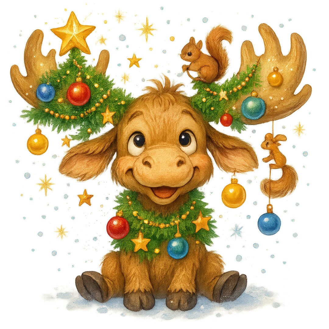 12 PNG Adorable Christmas Moose Clipart, Cute Winter Moose With Holiday ...