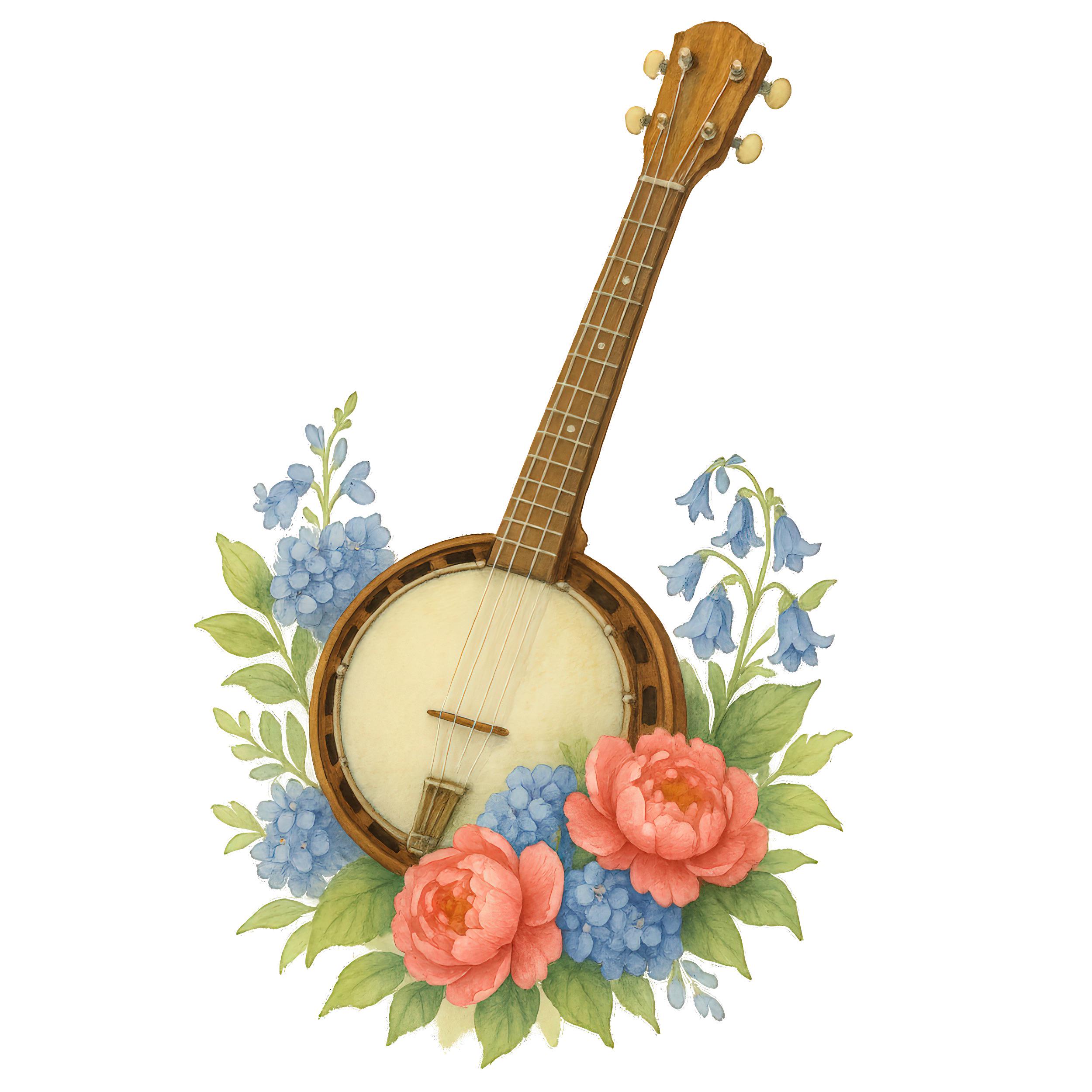 10 Floral Banjo Clipart Bundle: Watercolor Banjo With Flower PNG ...