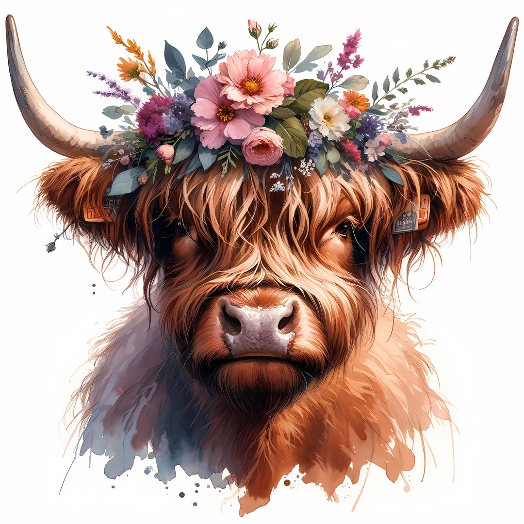 Floral Highland Cow Clipart: Flower Crown Animal Art (digital Download ...