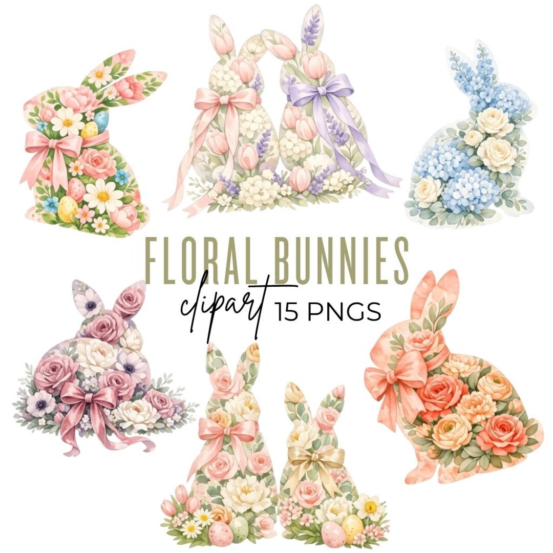 Rabbit Easter Clipart, Floral Rabbits Graphics, Flowers Bunny Easter ...