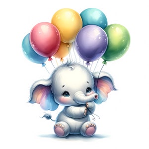 Cute Elephant With Balloon Clipart - 15 High-quality Jpgs - Baby ...